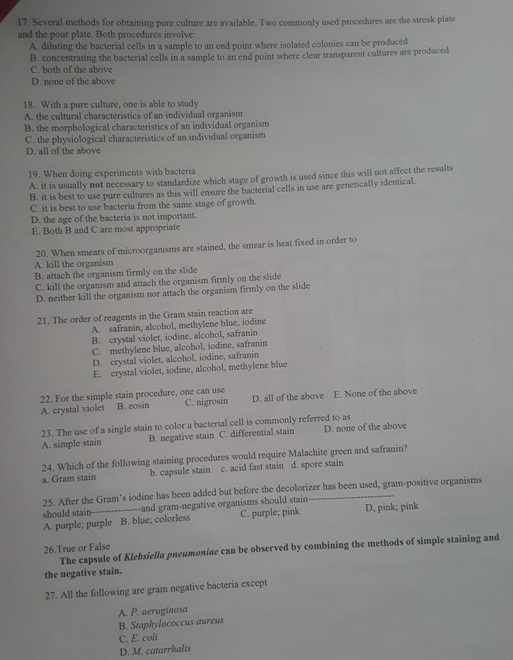 Solved 17. Several methods for obtaining pure culture are | Chegg.com