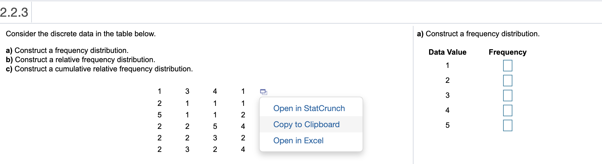 Solved 2.2.3 Consider the discrete data in the table below. | Chegg.com