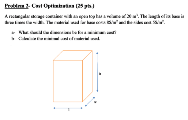 Solved Problem 2- Cost Optimization (25 pts.) A rectangular | Chegg.com