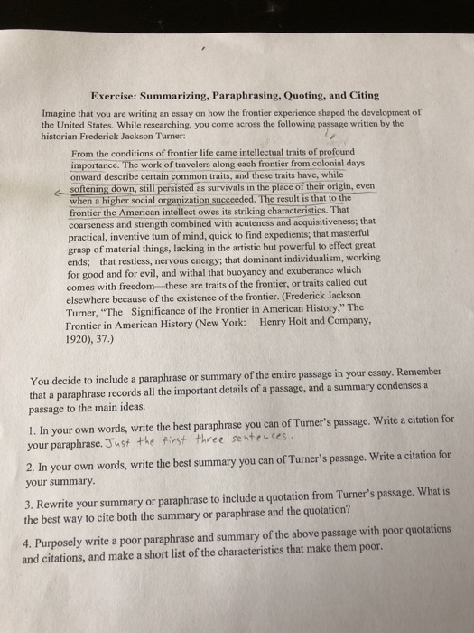 Exercise: Summarizing, Paraphrasing, Quoting, and | Chegg.com