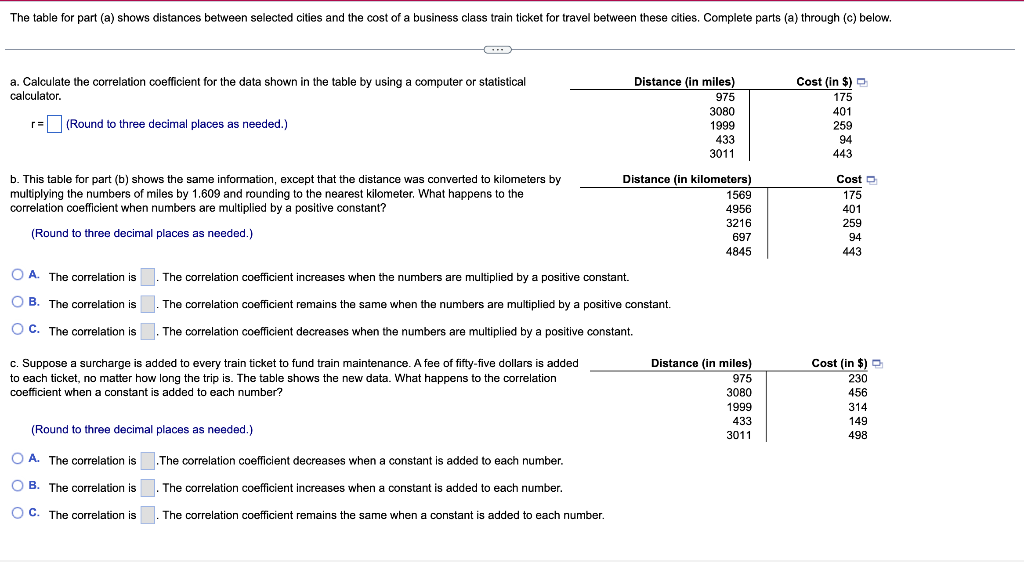 Solved a. Calculate the correlation coefficient for the data | Chegg.com