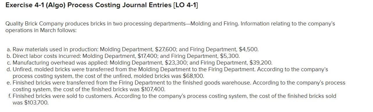 Solved Exercise 4-1 (Algo) Process Costing Journal Entries | Chegg.com