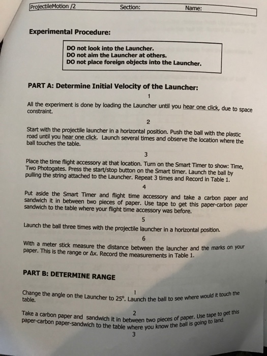 Solved ectileMotion Projectile Motion objectives: a) to | Chegg.com