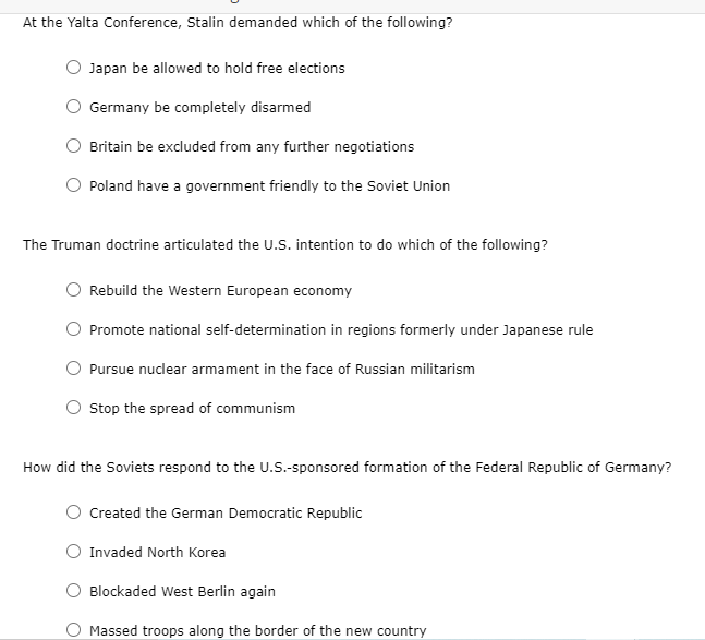 Solved At the Yalta Conference, Stalin demanded which of the | Chegg.com