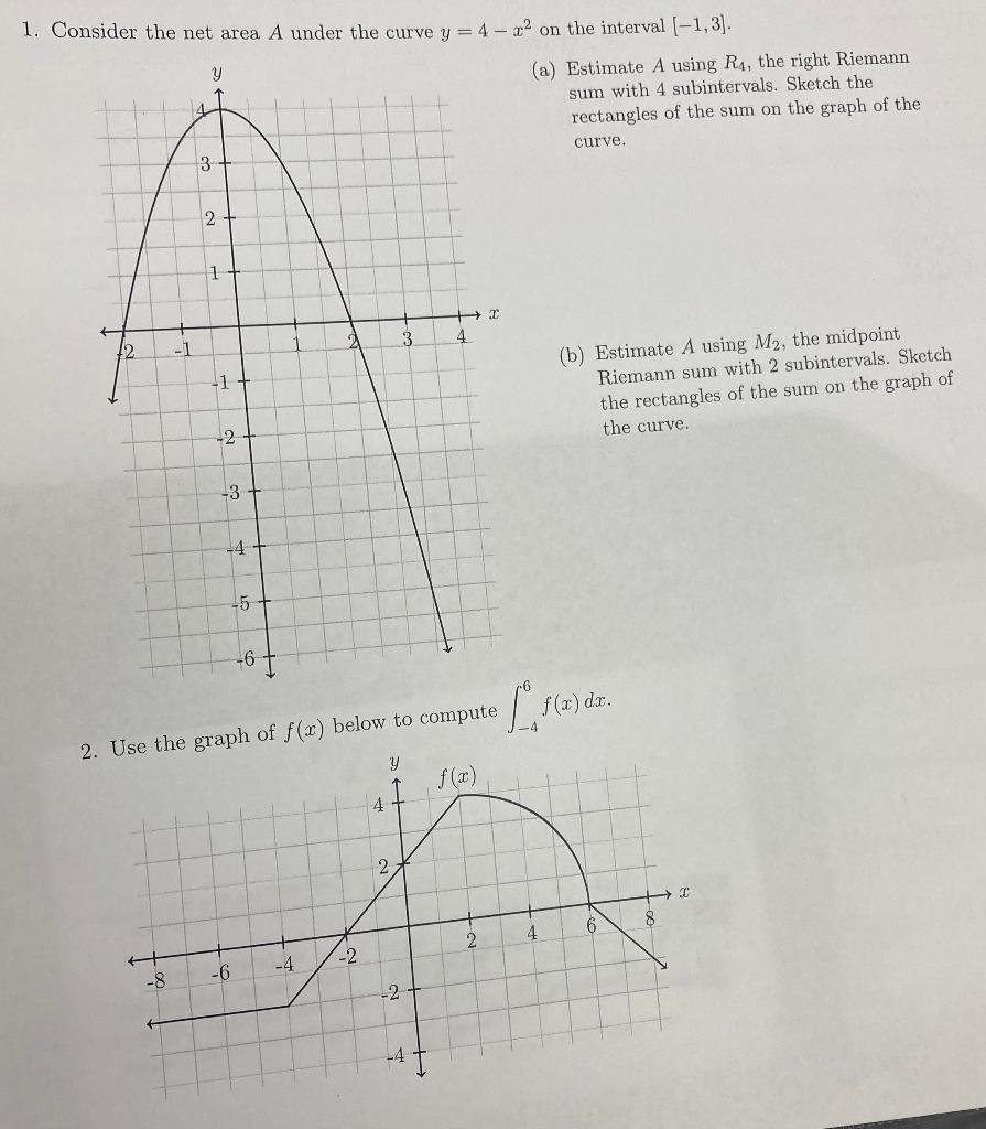 1. Consider the net area A under the curve y=4−x2 on | Chegg.com