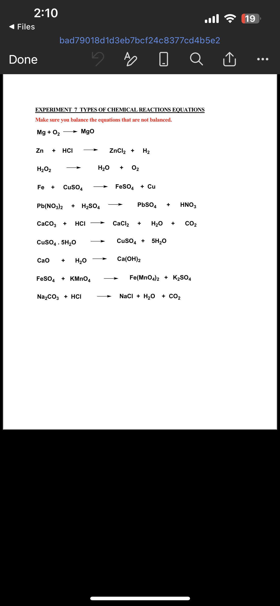 Solved EXPERIMENT 7 TYPES OF CHEMICAL REACTIONS EQUATIONS | Chegg.com