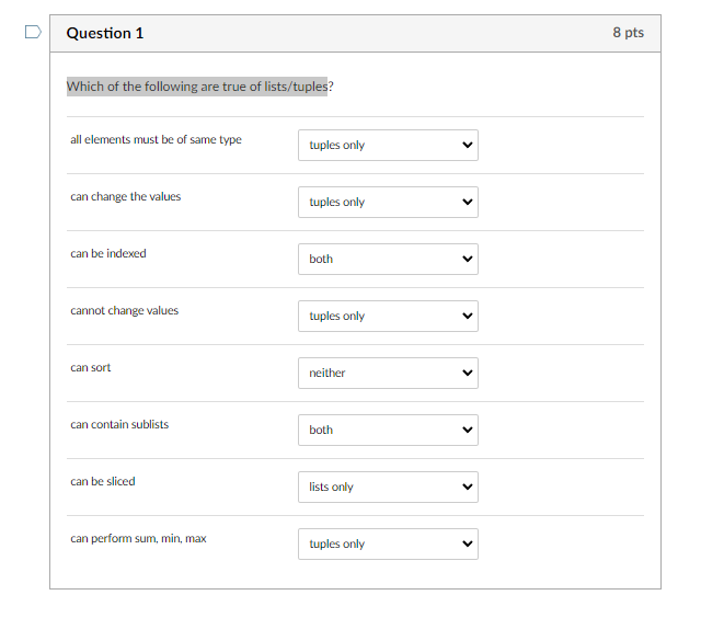 Solved Which of the following are true of lists/tuples? all | Chegg.com