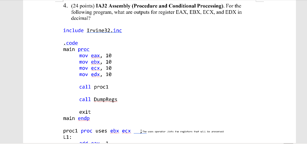 Solved 4. (24 points) IA32 Assembly (Procedure and | Chegg.com
