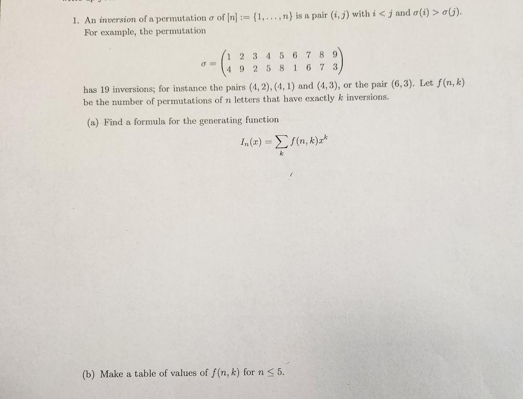 An Inversion Of A Permutation σ Of [n] {1 … N} Is A
