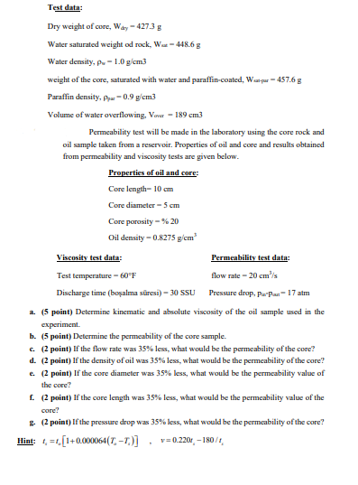 Solved Test data: Dry weight of core, Way - 427.3 g Water | Chegg.com