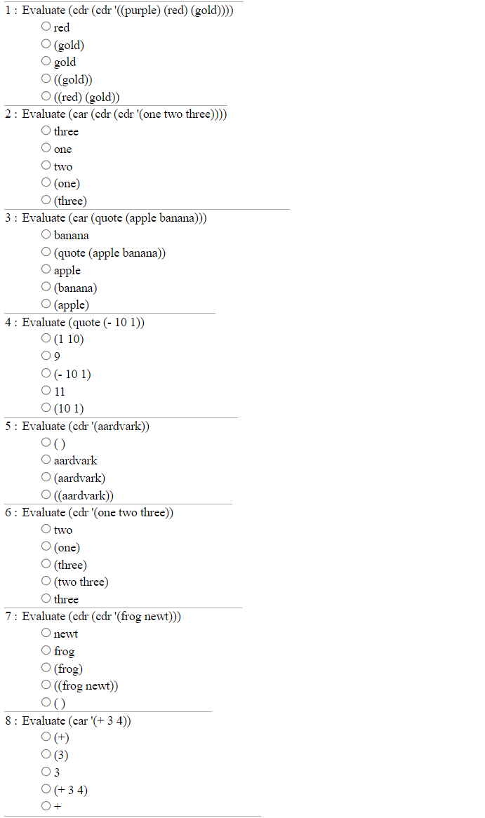 Solved 9 : Evaluate (car (cdr '(green red brown blue))) red | Chegg.com