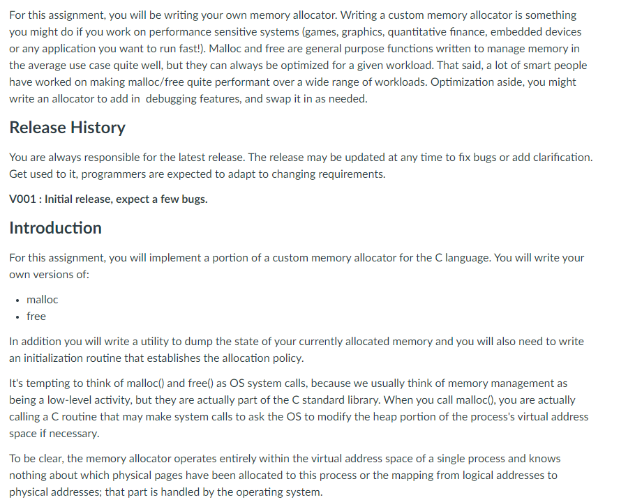 Solved Memory allocators have two distinct tasks. First, the | Chegg.com