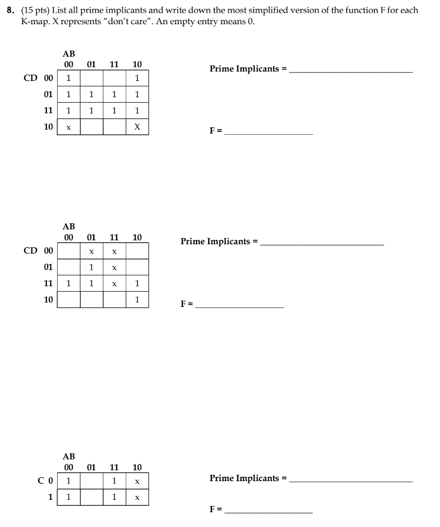 Solved (15 pts) List all prime implicants and write down the | Chegg.com