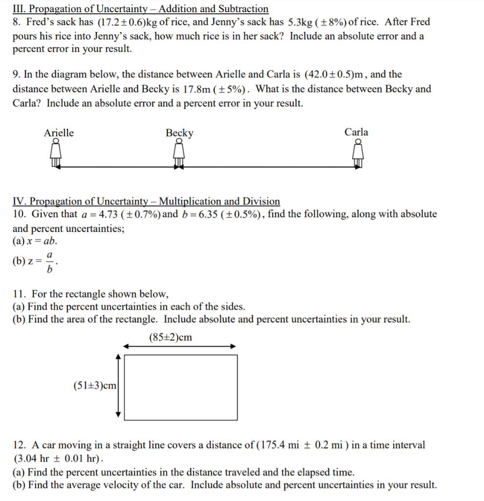 Solved III. Propagation of Uncertainty - Addition and | Chegg.com