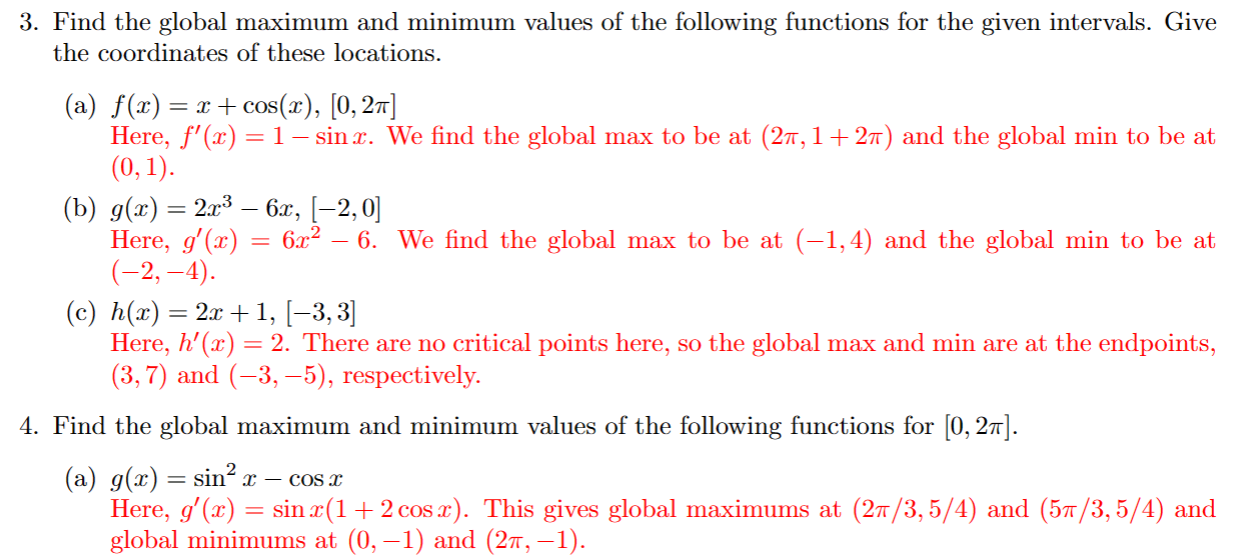 Solved 3. Find the global maximum and minimum values of the | Chegg.com