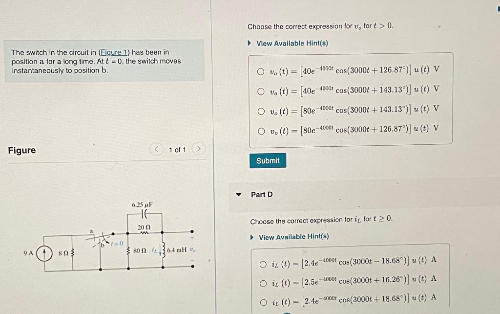 Solved Choose the correct expression for v0 for t>0. The | Chegg.com