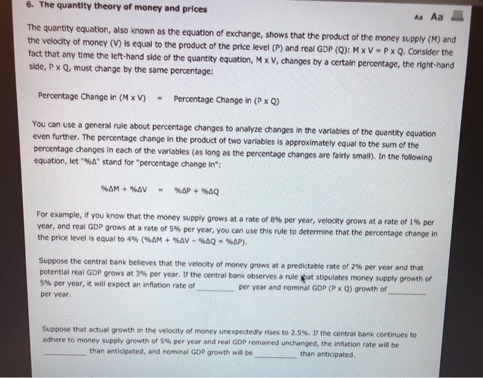 Solved 6. The quantity theory of money and prices Aa Aa The | Chegg.com