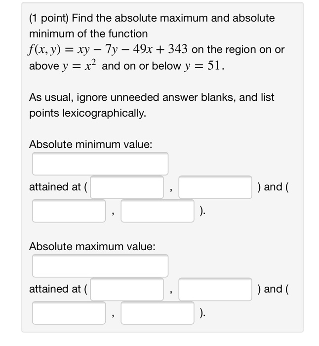 Solved (1 point) Find the absolute maximum and absolute | Chegg.com