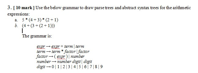 3. [10 mark] Use the below grammar to draw parse | Chegg.com