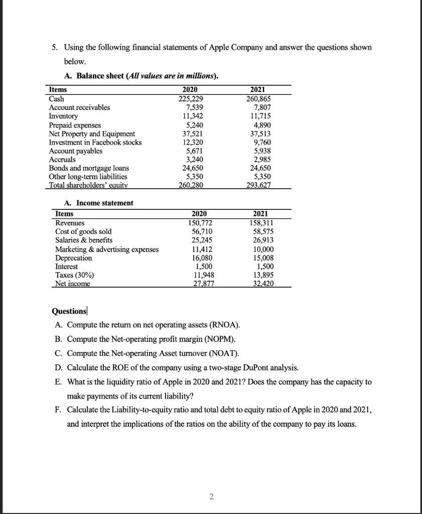 Solved 5. Using the following financial statements of Apple | Chegg.com