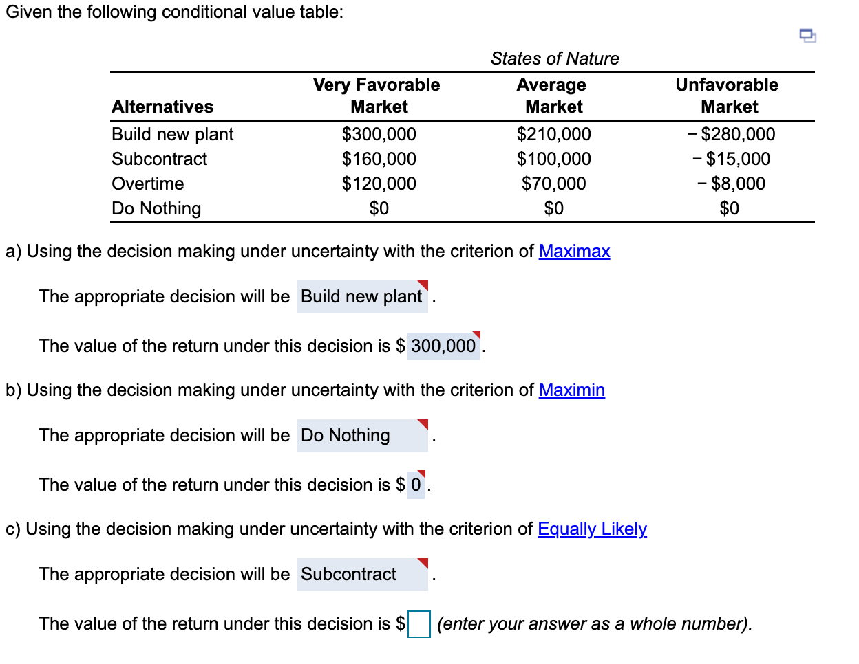Solved Given the following conditional value table: States | Chegg.com