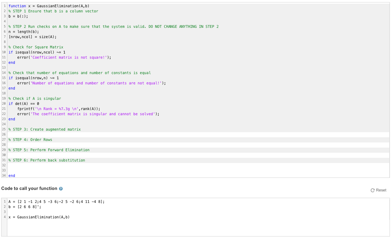 function x = GaussianElimination (A,b) 2% STEP 1 | Chegg.com