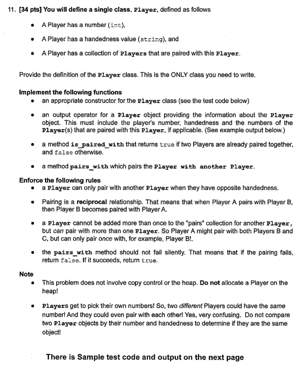 Solved 1. [34 pts] You will define a single class, Player, | Chegg.com