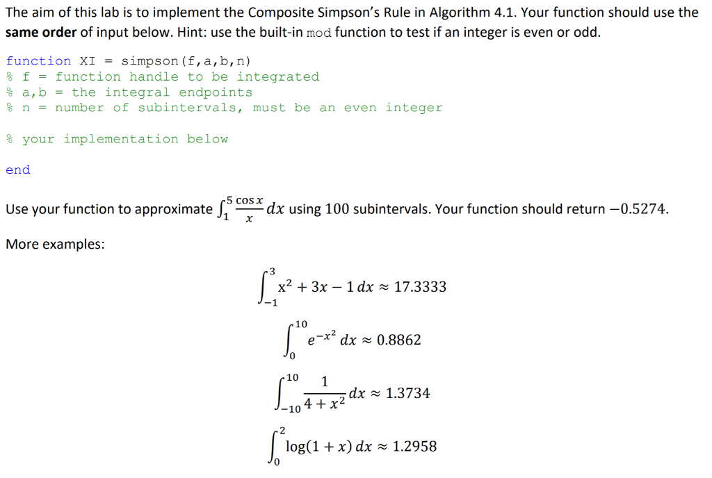 Solved Aim Lab Implement Composite Simpson S Rule Algorithm 41 Function Use Order Input Hint 4575