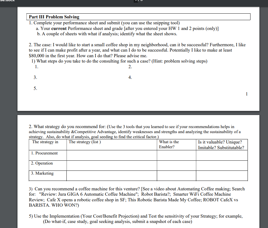 Solved Part III Problem Solving 1. Complete your performance | Chegg.com