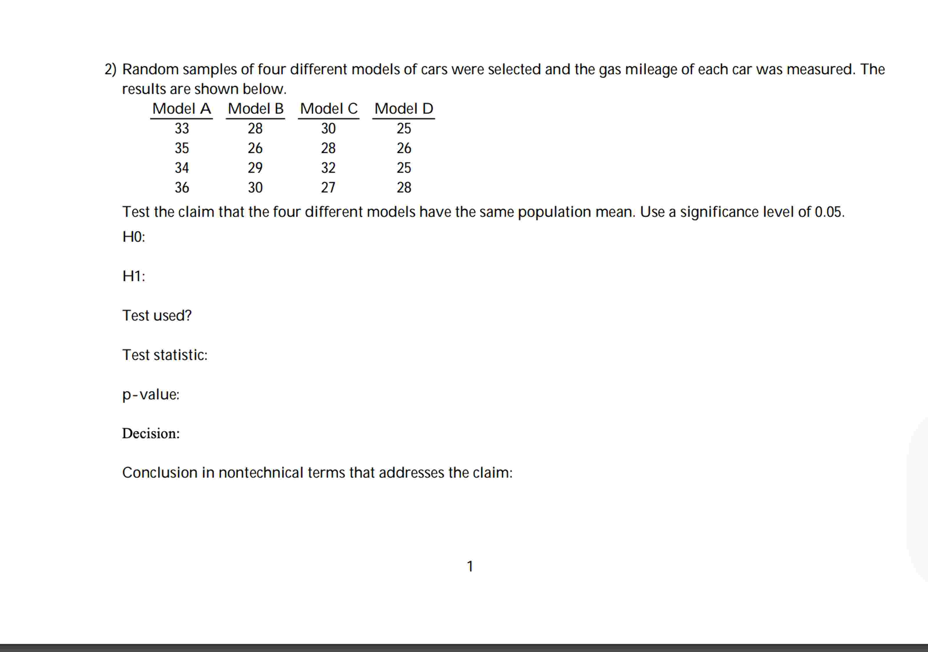 Solved by an EXPERT 2) ﻿Random samples of four different models of cars | Chegg.com