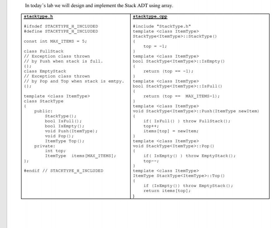Solved In today's lab we will design and implement the Stack | Chegg.com