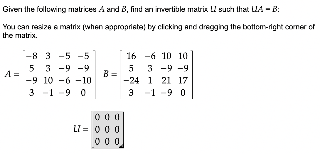 Solved Given the following matrices A and B, find an | Chegg.com