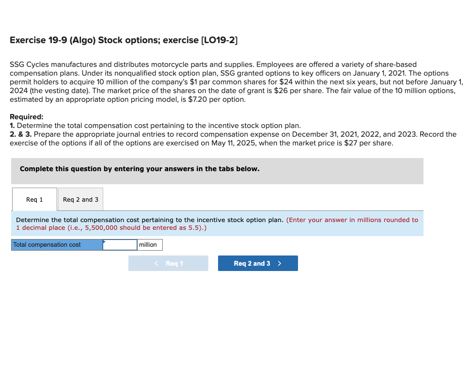 Solved Exercise 19-9 (Algo) Stock options; exercise (LO19-2] | Chegg.com