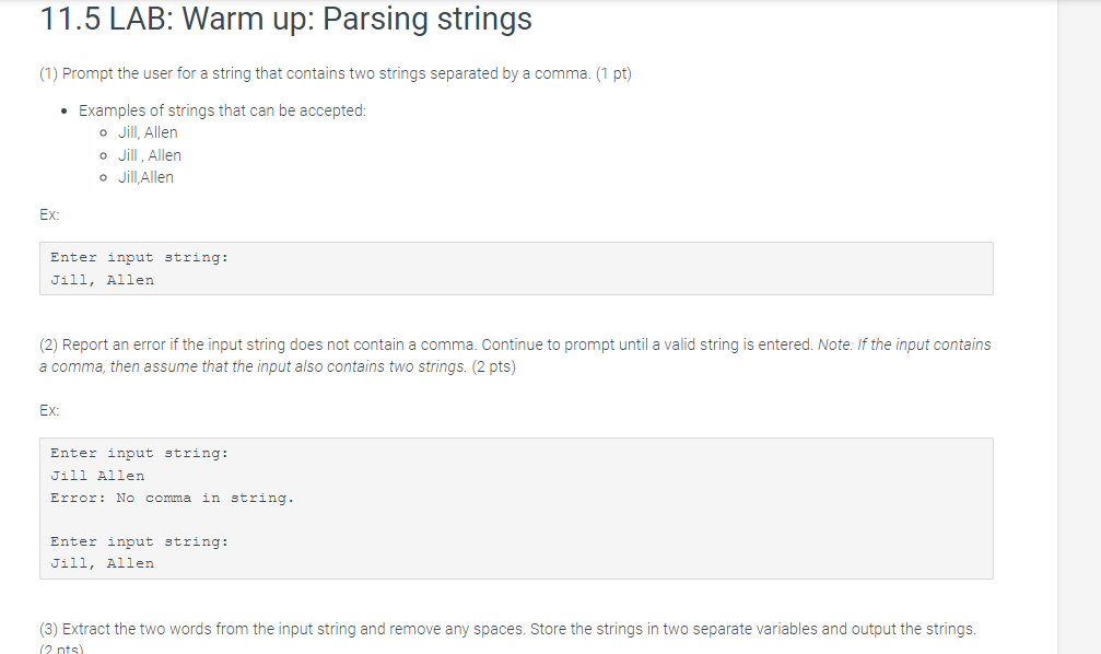 Solved 11.5 LAB: Warm up: Parsing strings (1) Prompt the | Chegg.com