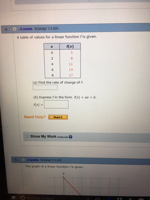 Solved 8. -12 points SColAlg7 2.5.031 A table of values for | Chegg.com