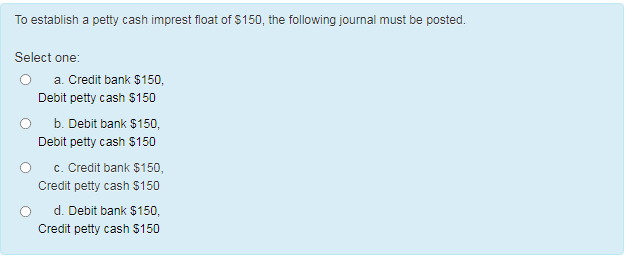 Solved To establish a petty cash imprest float of $150, the | Chegg.com
