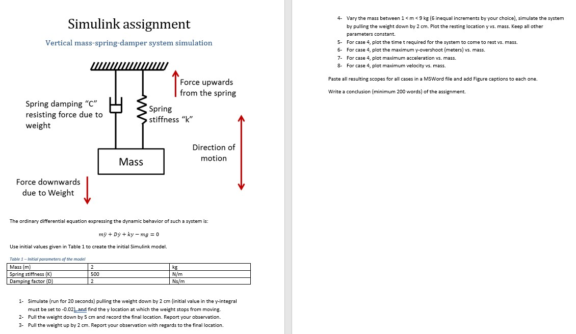 Simulink Assignment Vertical Mass Spring Damper
