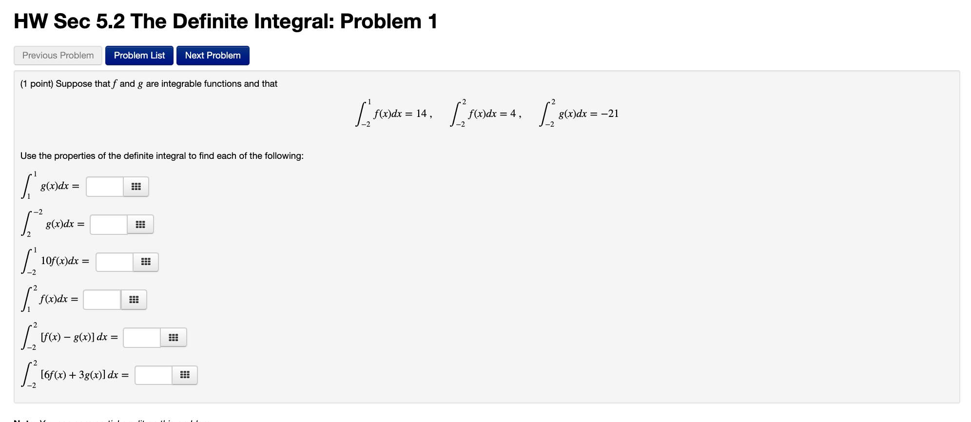 Solved HW Sec 5.2 The Definite Integral: Problem 1 Previous | Chegg.com