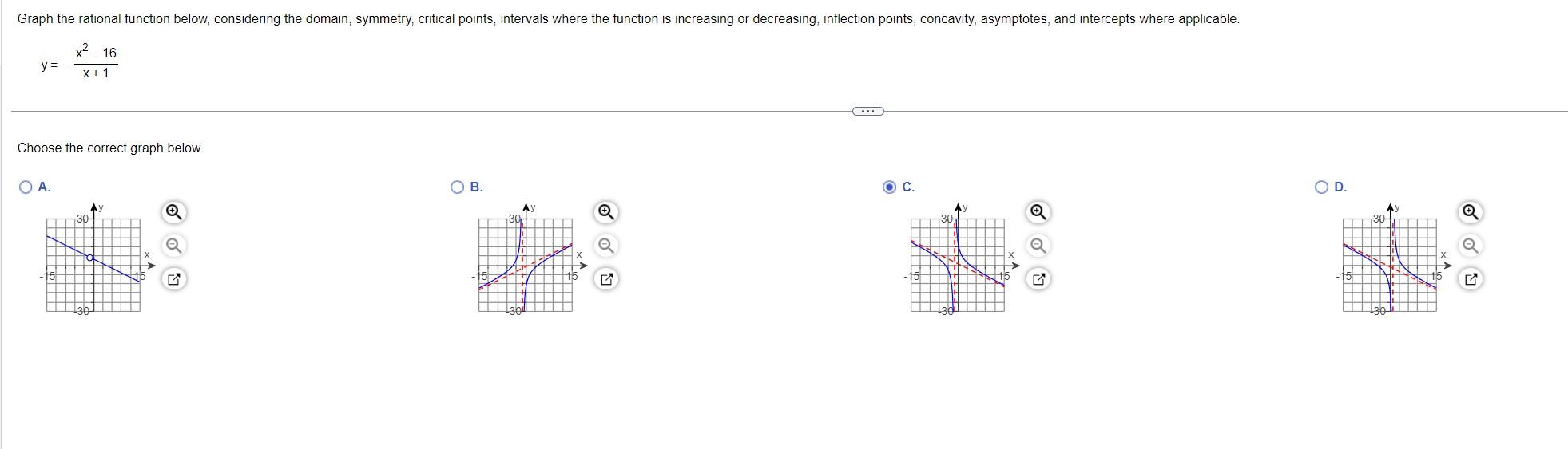 Solved y=−x+1x2−16 Choose the correct graph below. A. B. c. | Chegg.com