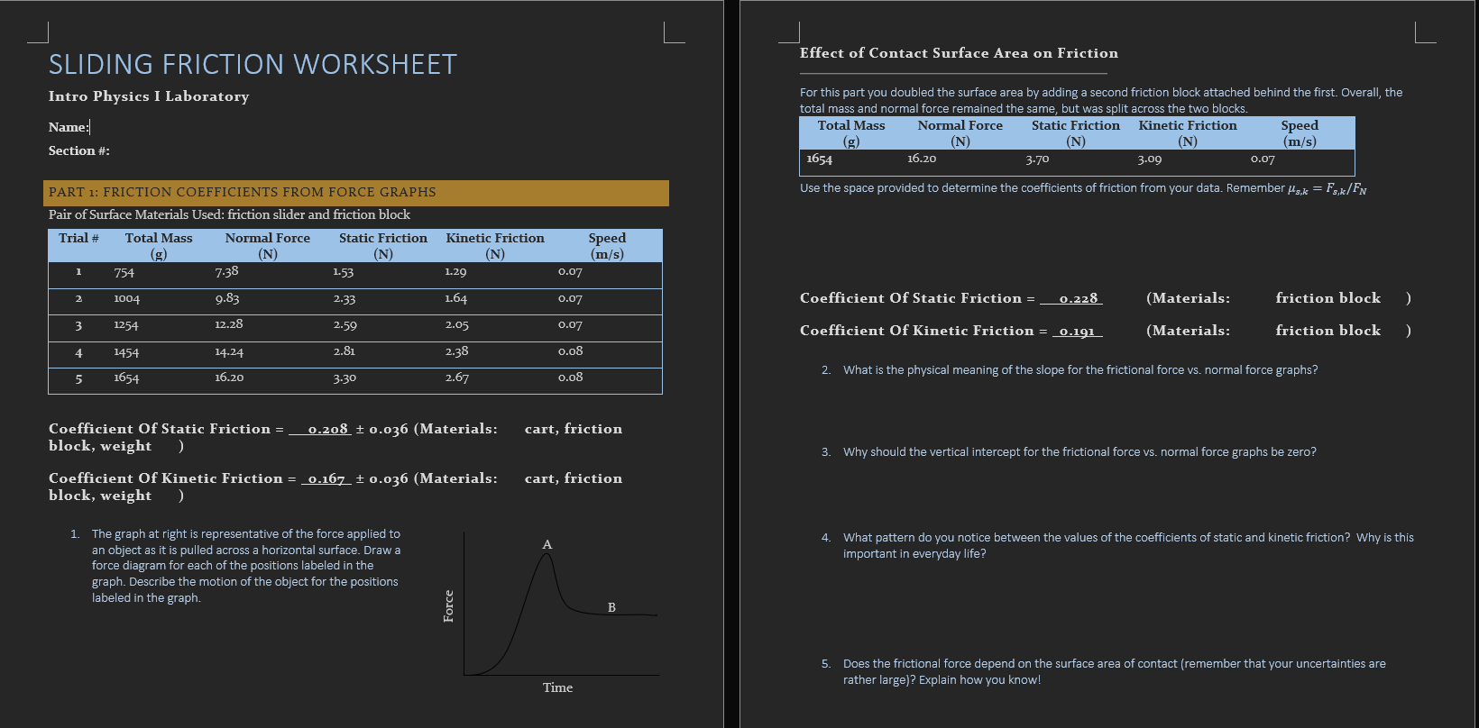 SLIDING FRICTION WORKSHEET Effect of Contact Surface | Chegg.com