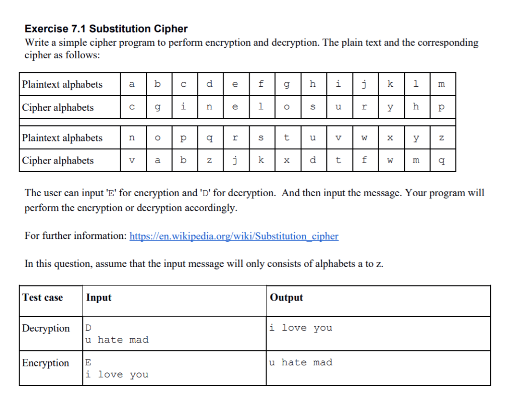 Solved Exercise 7.1 Substitution Cipher Write a simple | Chegg.com Solved Exercise 7.1 Substitution Cipher Write a simple | Chegg.com