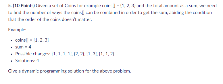 5. (10 Points) Given a set of Coins for example | Chegg.com