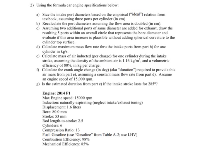 2) Using the formula car engine specifications below: | Chegg.com
