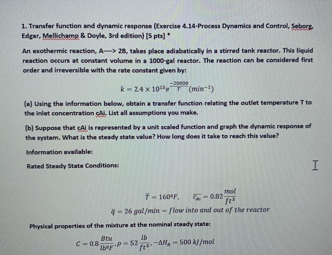 Solved 1. Transfer function and dynamic response (Exercise | Chegg.com
