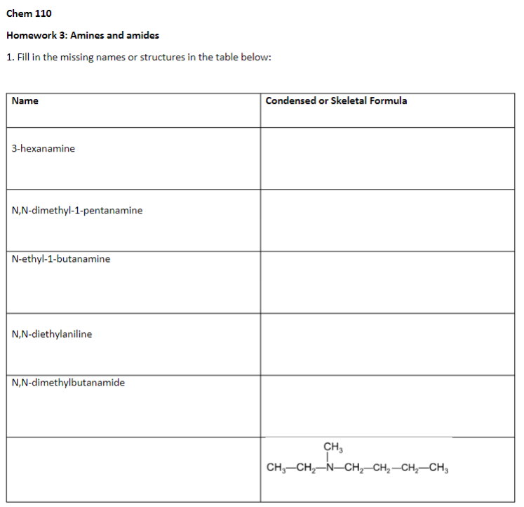 Solved Chem 110 Homework 3: Amines and amides 1. Fill in the | Chegg.com
