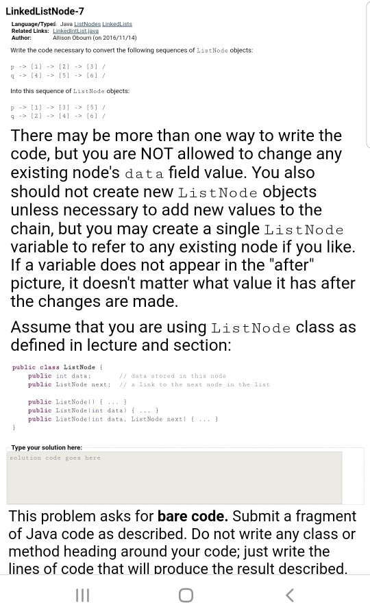 Solved LinkedListNode-7 Language/Types Java ListNodes | Chegg.com
