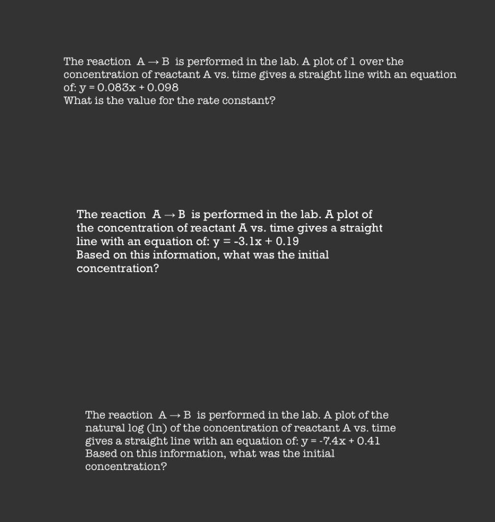 Solved The reaction A B is performed in the lab. A plot of 1 | Chegg.com