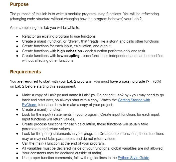 Solved Purpose The purpose of this lab is to write a modular | Chegg.com