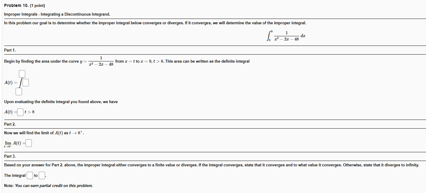 Solved Problem 10. (1 point) Improper Integrals - | Chegg.com