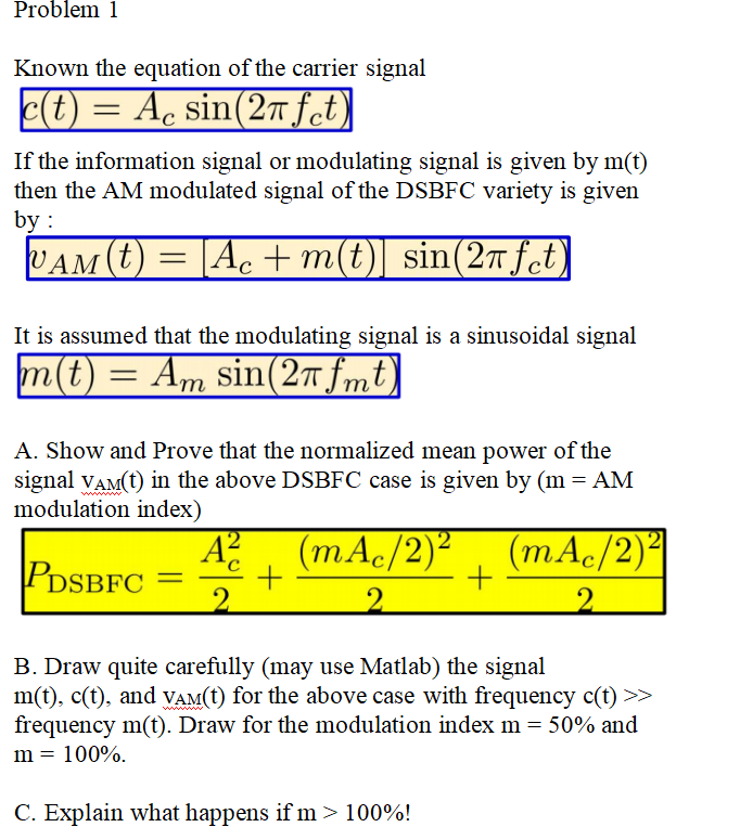 Solved Problem 1 Known the equation of the carrier signal | Chegg.com